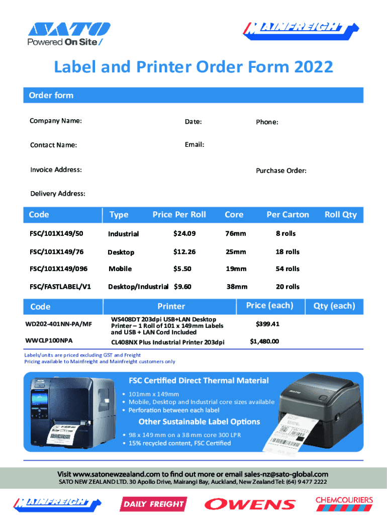 Fillable Online Label and Printer Order Form 2022 - Help - Mainfreight ...