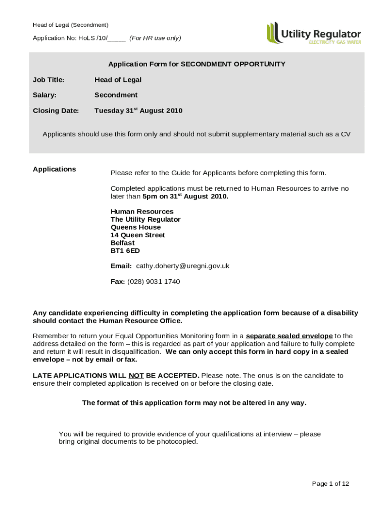 Head of Legal Application Secondment August 2010 ... Doc Template | pdfFiller