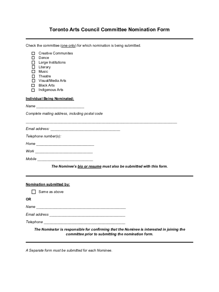 Fillable Online Toronto Arts Council Committee Nomination Form. Toronto Arts Council Committee ...