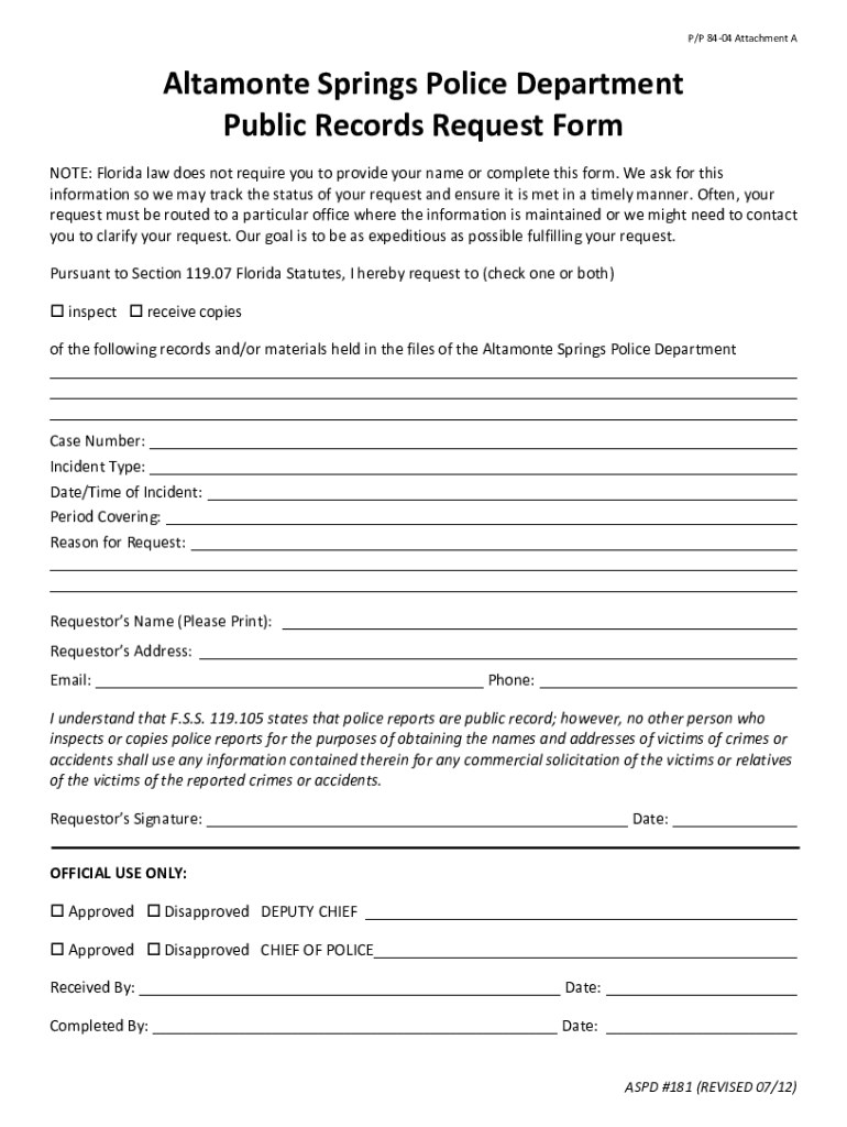 Fillable Online Altamonte Springs Police Department Public Records ...