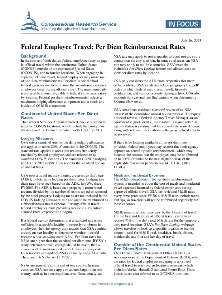 Fillable Online Federal Employee Travel: Per Diem Reimbursement Rates ...