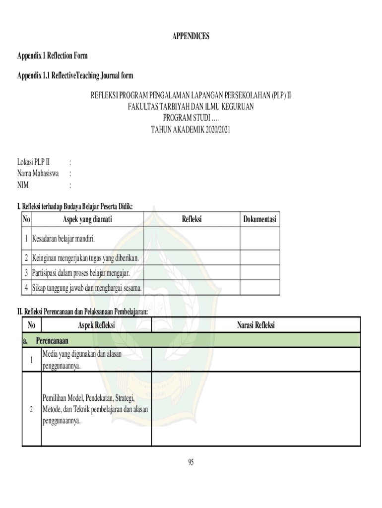 Fillable Online APPENDICES Appendix 1 Reflection Form ... Fax Email Print - pdfFiller