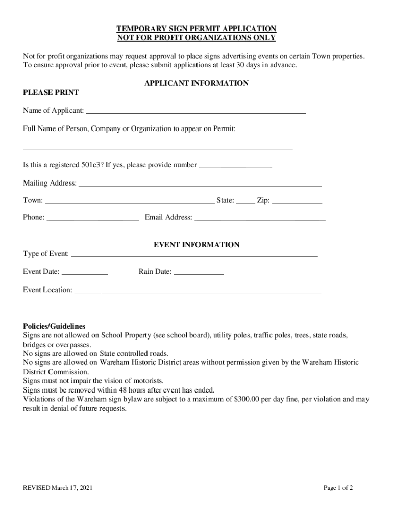 Fillable Online TEMPORARY SIGN PERMIT APPLICATION NOT FOR PROFIT ... Fax Email Print - pdfFiller