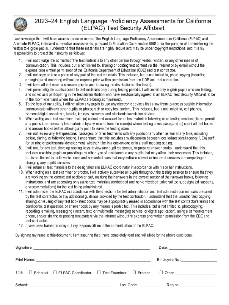 Fillable Online 202324 ELPAC Test Security Affidavit for Non-TOMS Users ...
