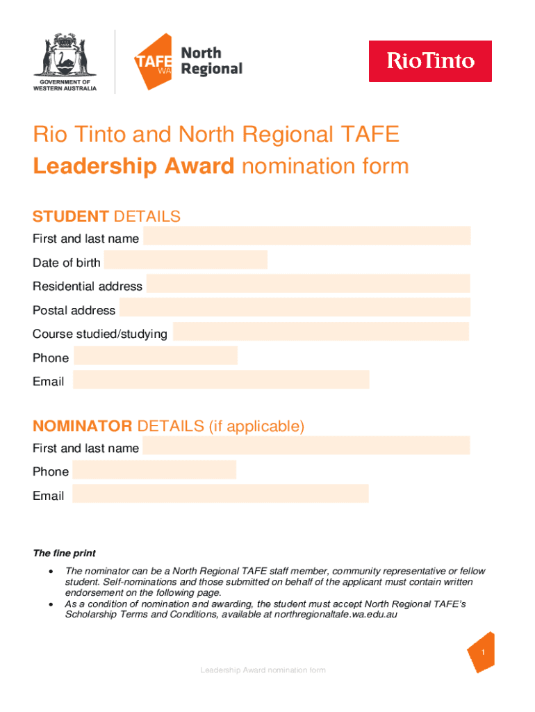 Fillable Online Rio Tinto Leadership Award nomination form ... Fax ...