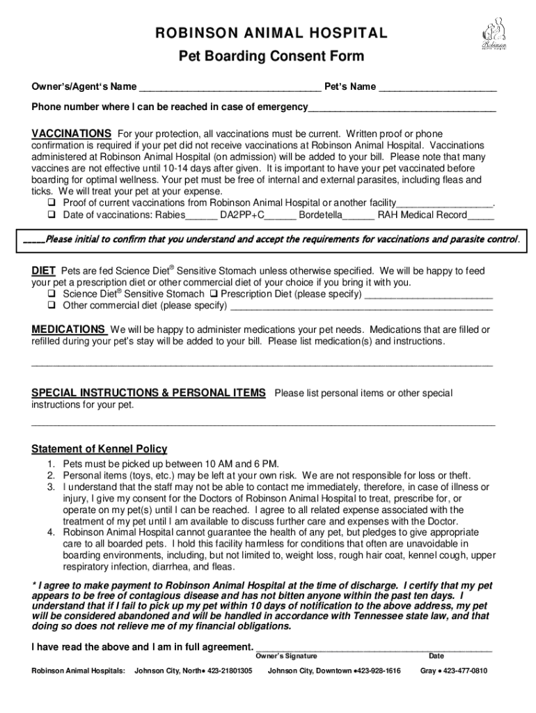 Fillable Online ROBINSON ANIMAL HOSPITAL Pet Boarding Consent Form Fax ...