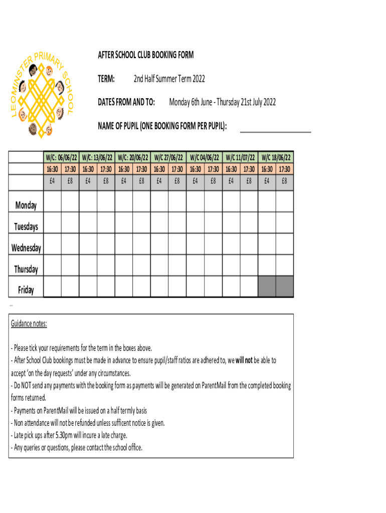 Fillable Online AFTER SCHOOL CLUB BOOKING FORM TERM: 2nd Half ... Fax ...