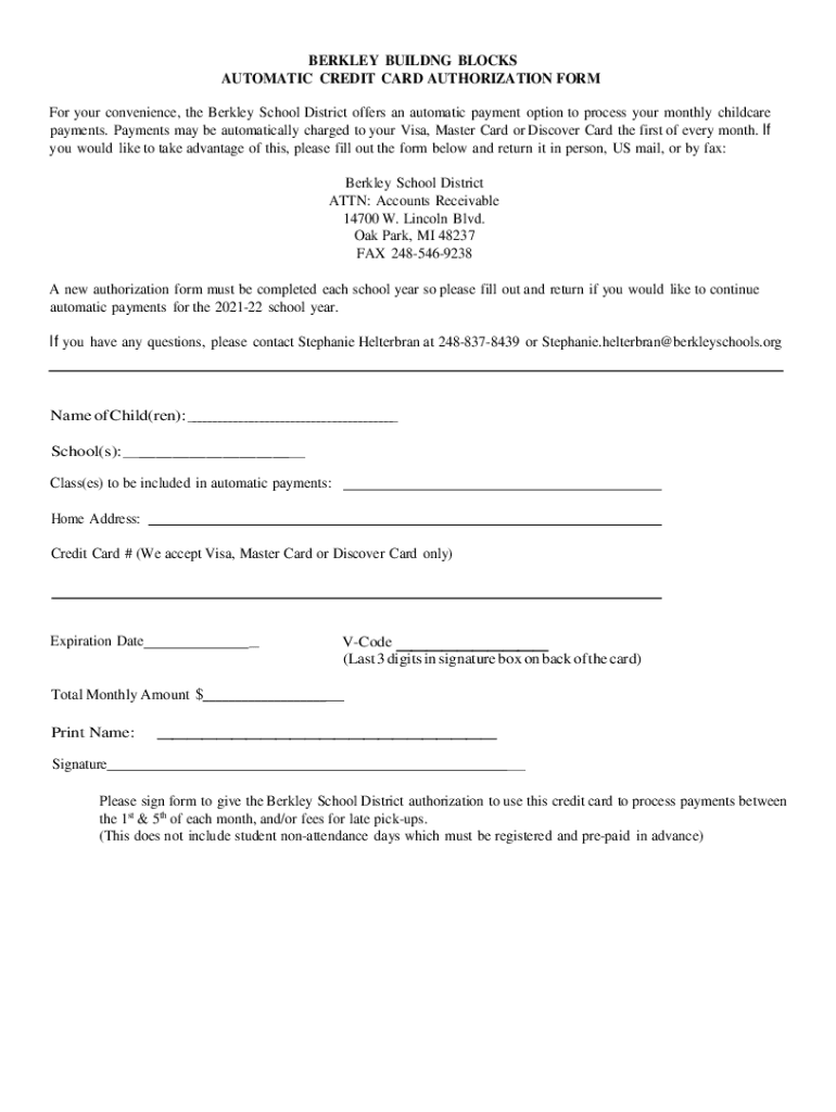 Fillable Online Automatic Credit Card Authorization Form Fax Email ...