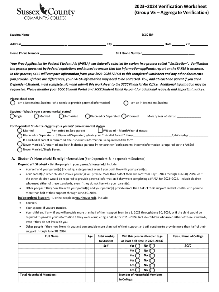 Fillable Online 20232024 Verification Worksheet (Group V5 Fax Email ...