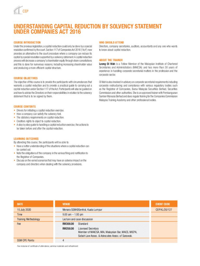 Fillable Online Solvency statements on a reduction of capital Fax Email ...