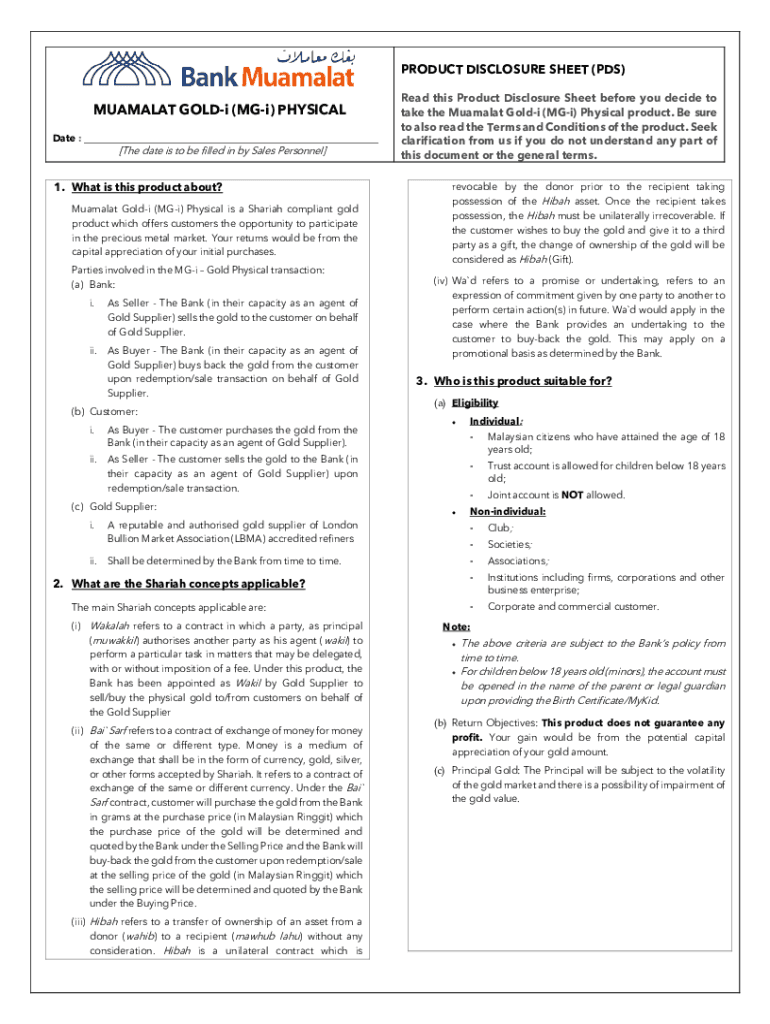 Fillable Online PRODUCT DISCLOSURE SHEET PDS BANK MUAMALAT ... Fax ...