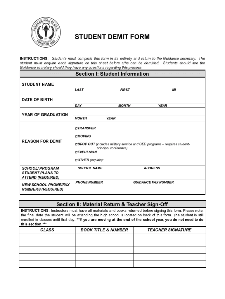 Fillable Online STUDENT DEMIT FORM Fax Email Print - pdfFiller