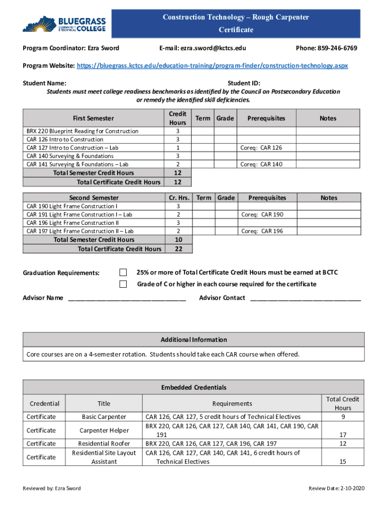Fillable Online Construction Technology Rough Carpenter Certificate ...