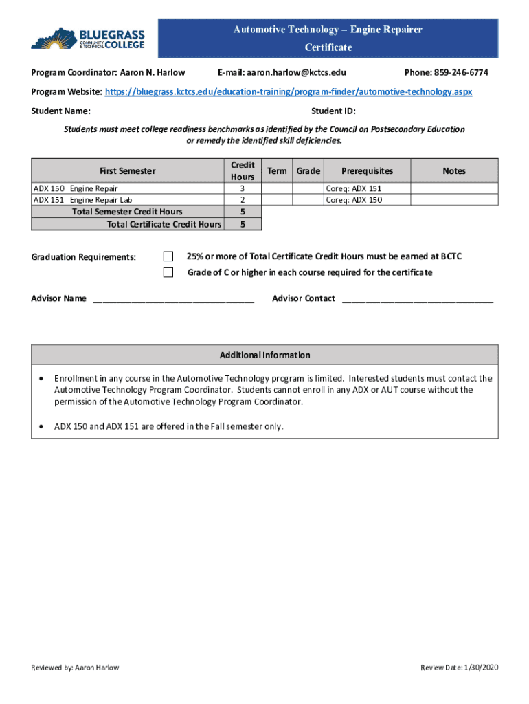 Fillable Online Automotive TechnologyEngine Repairer Certificate Fax ...