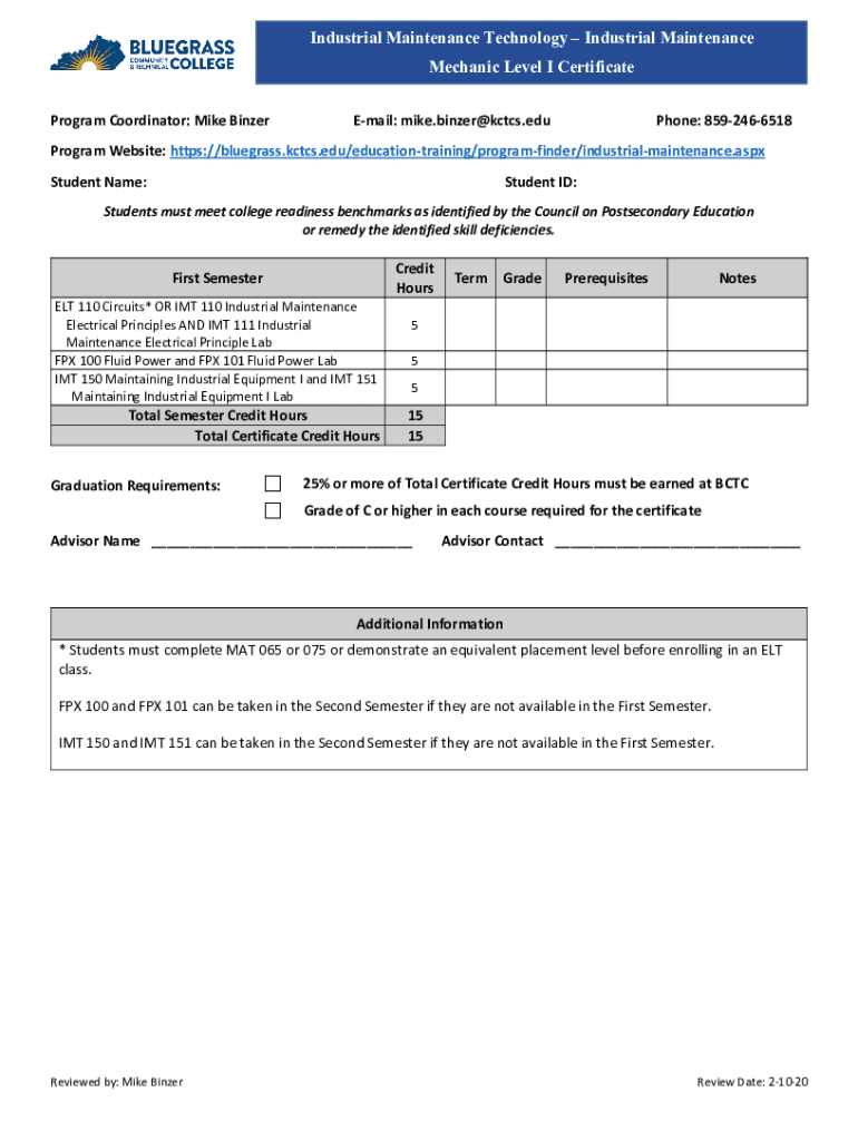 Fillable Online Industrial Maintenance Mechanic Level I Certificate Fax ...