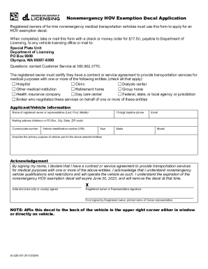 Fillable Online APPLICATION FOR HIGH OCCUPANCY VEHICLE (HOV) ... Fax ...