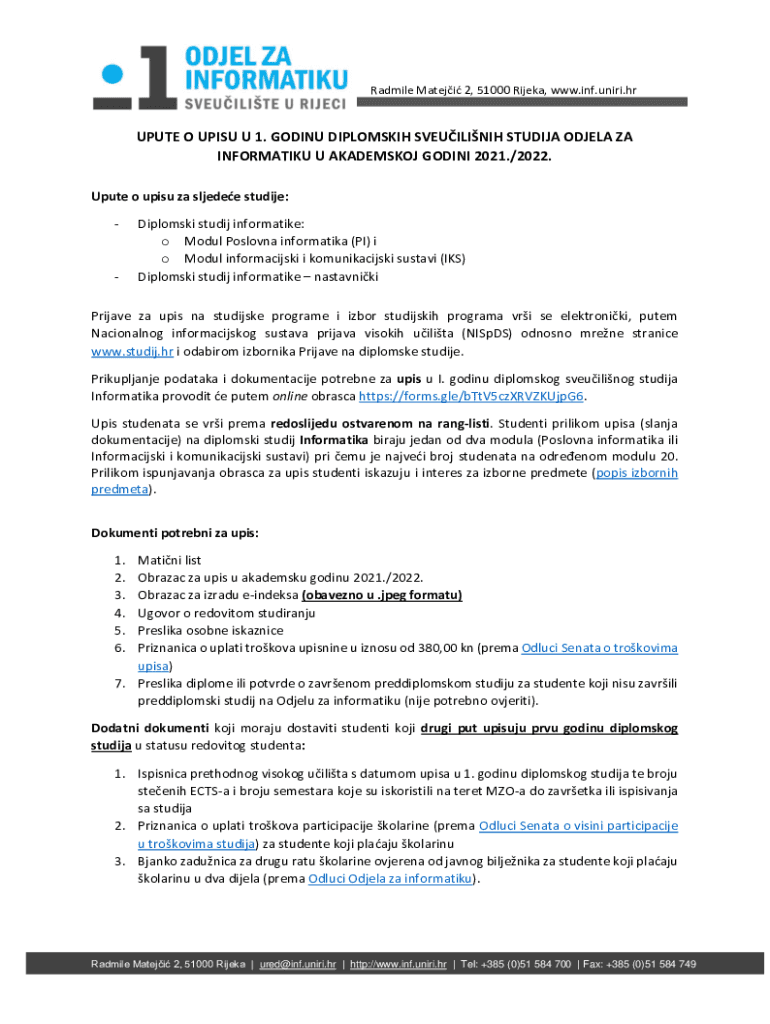Fillable Online upute o upisu u 1. godine diplomskih sveuilinih studija ... Fax Email Print ...