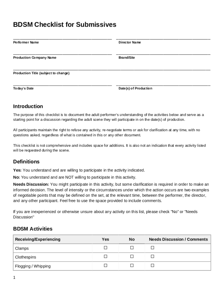 In-Depth BDSM Checklist (Get Yours Here) & Why You ... Doc Template | pdfFiller
