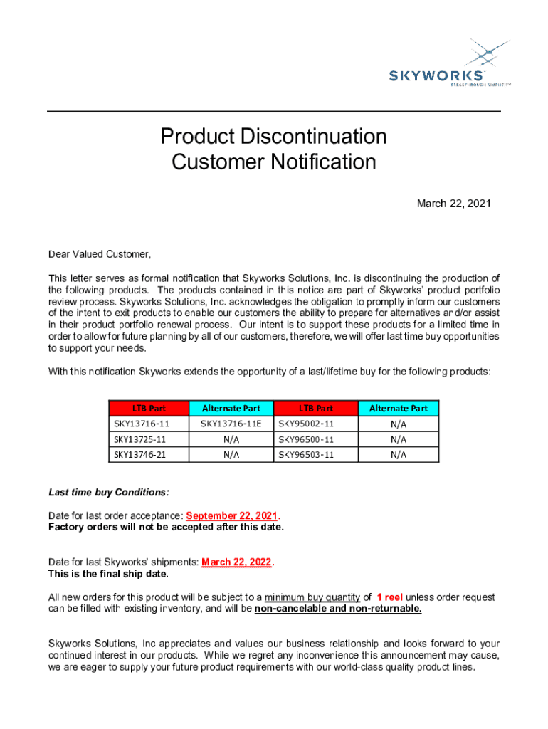 Fillable Online Product Discontinuation Notification - SkyworksPDF file ...