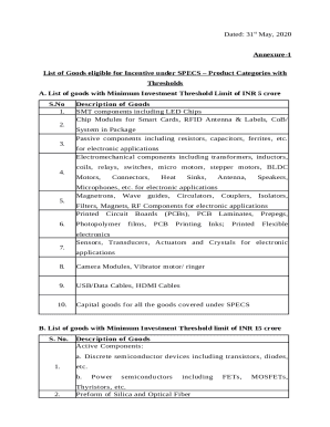 Annexure-1 List of Goods eligible for Incentive under SPECS Doc Template | pdfFiller