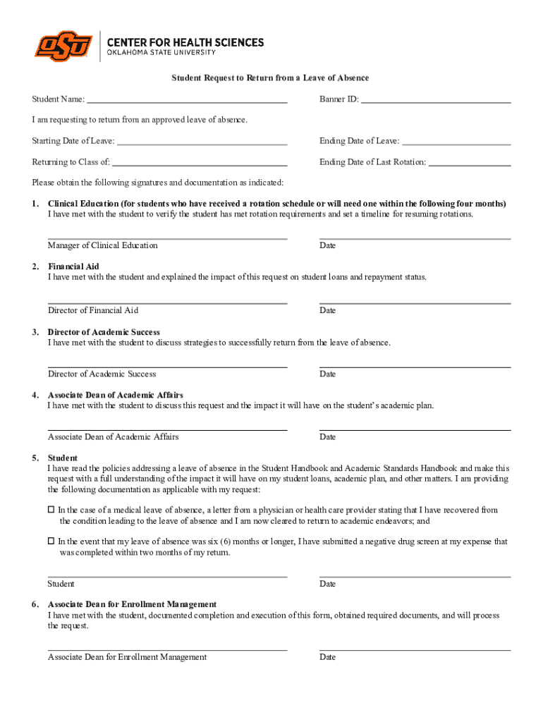 Fillable Online medicine okstate Student Request to Return from a Leave of Absence Fax Email ...