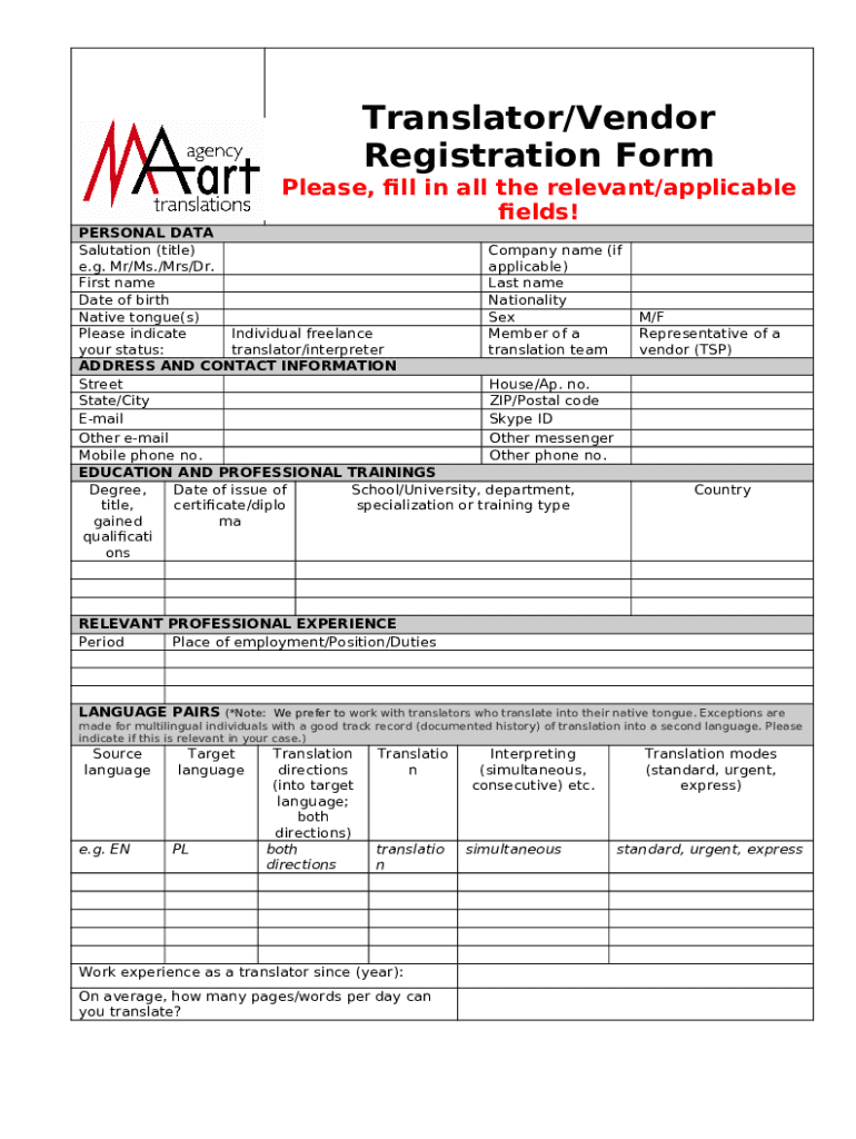 Vendor Registration Request Letter to Company Doc Template | pdfFiller