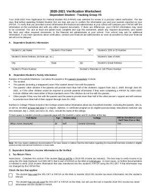2020-2021 Verification Worksheets Dependent Student- ... Doc Template | pdfFiller
