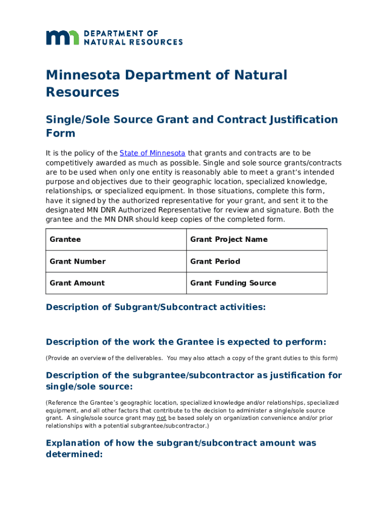 Single/Sole Source Grant and Contract Justification - files dnr state mn Doc Template | pdfFiller