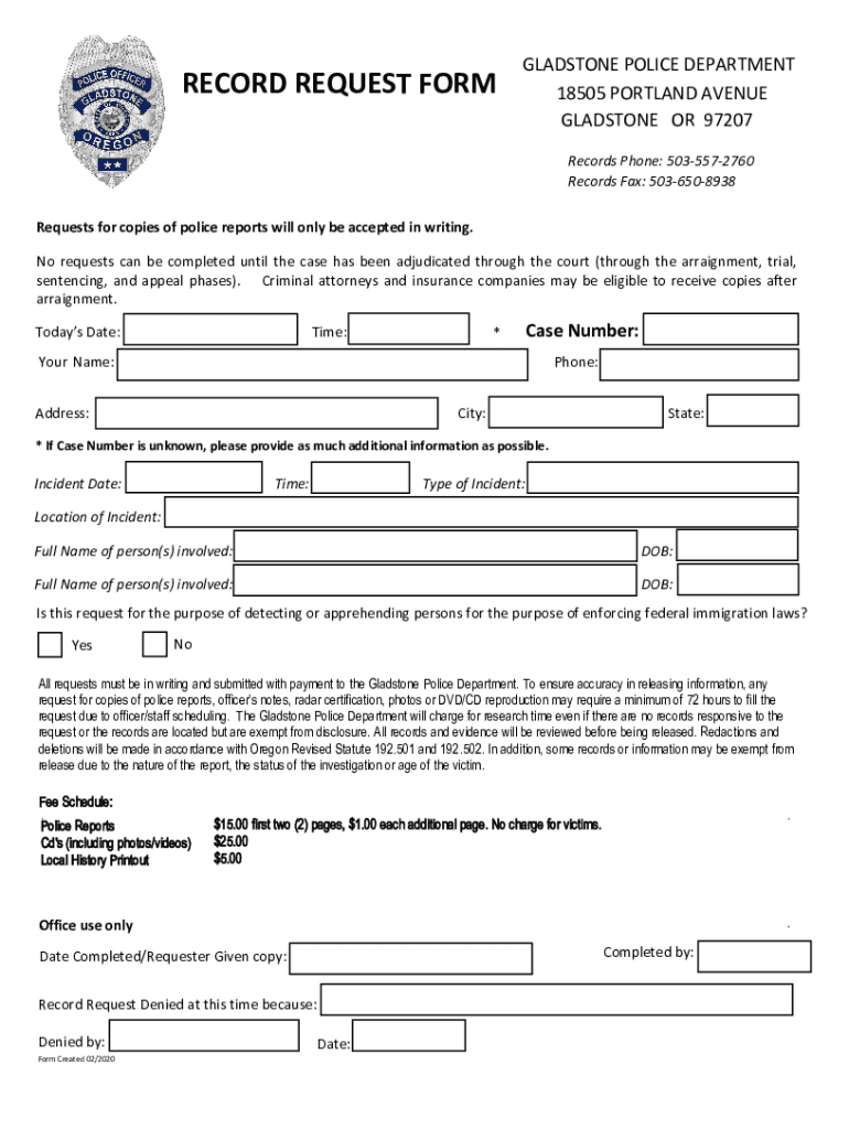 Fillable Online RECORD REQUEST FORM - City of Gladstone Fax Email Print ...