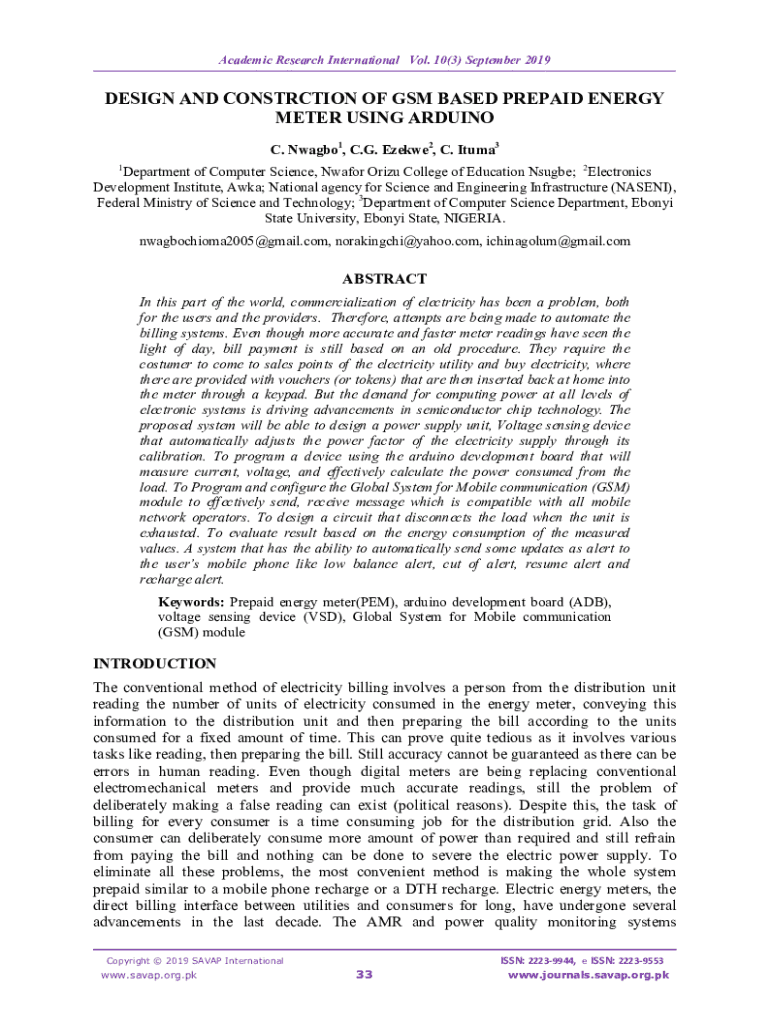 Fillable Online Design And Constrction Of Gsm Based Prepaid Energy Meter Using Arduino Fax Email