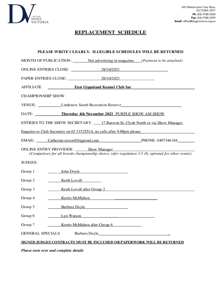 Fillable Online REPLACEMENT SCHEDULE Fax Email Print - pdfFiller