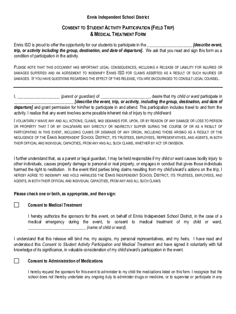 Fillable Online consent to student activity participation (field trip ...