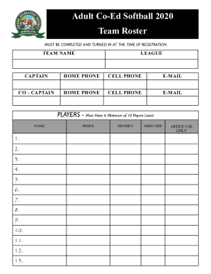 Fillable Online Adult Co-Ed Softball 2020 Team Roster Fax Email Print ...