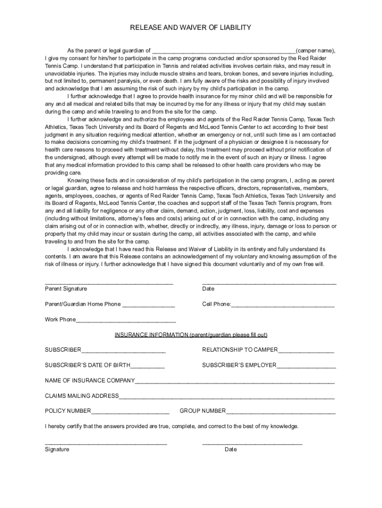 Fillable Online Camp Relase & Waiver of Liability Fax Email Print ...