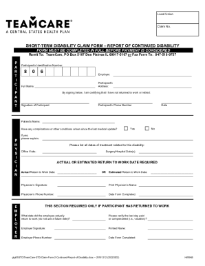 Fillable Online Short-Term Disability Claim Form Continuation. Short ...