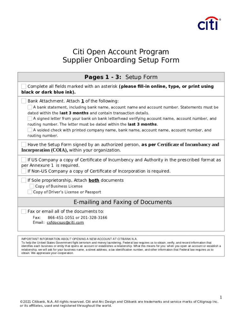 Citi Open Account Program Supplier Onboarding Setup Doc Template | pdfFiller