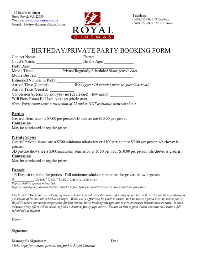 Fillable Online BIRTHDAY/PRIVATE PARTY BOOKING FORM Fax Email Print ...