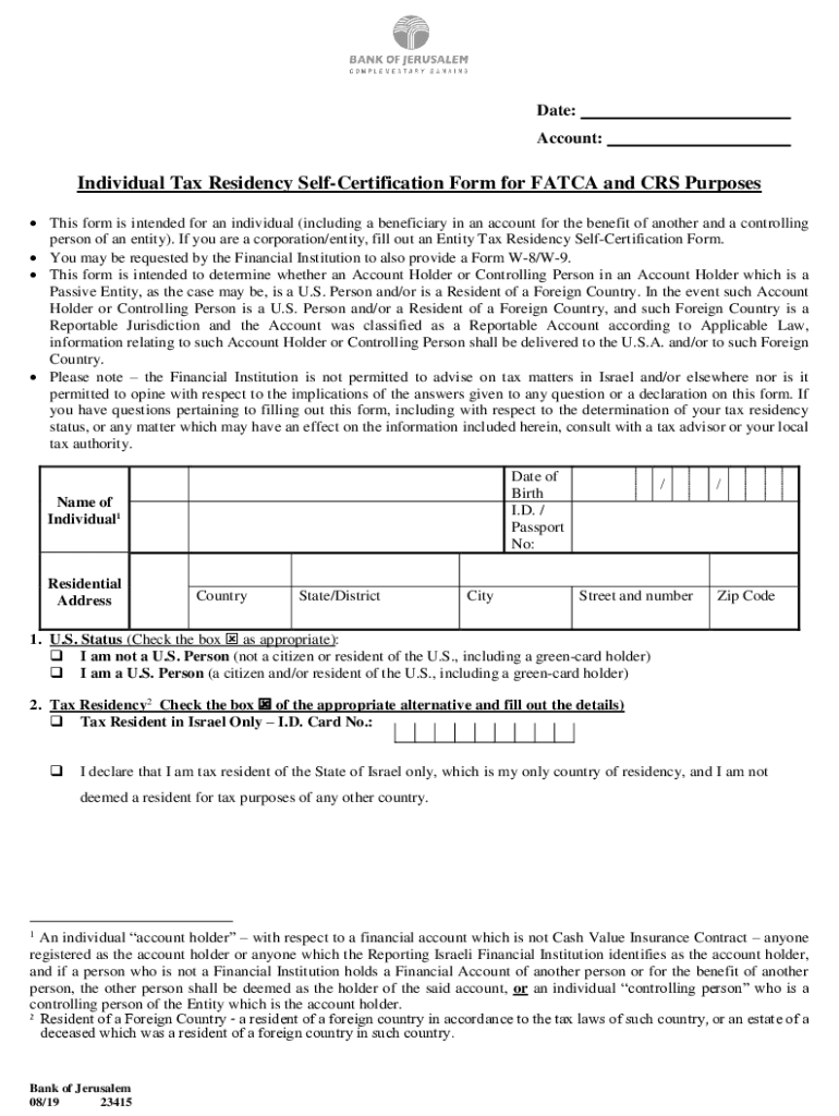 Fillable Online Individual Tax Residency Self-Certification Form for FATCA ... Fax Email Print ...