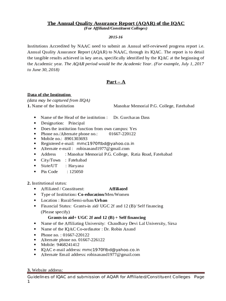AQAR Guideline Affiliated Constituent UG Colleges(PDF) Doc Template | pdfFiller