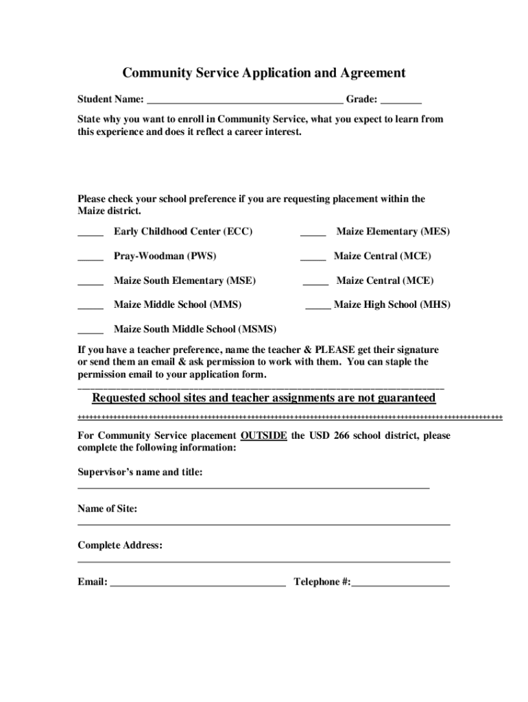 Fillable Online Community Service Application and Agreement Fax Email ...
