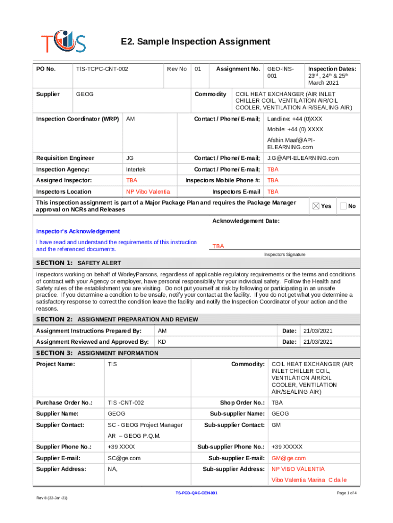 Inspection Assignment - API inspector-training Doc Template | pdfFiller