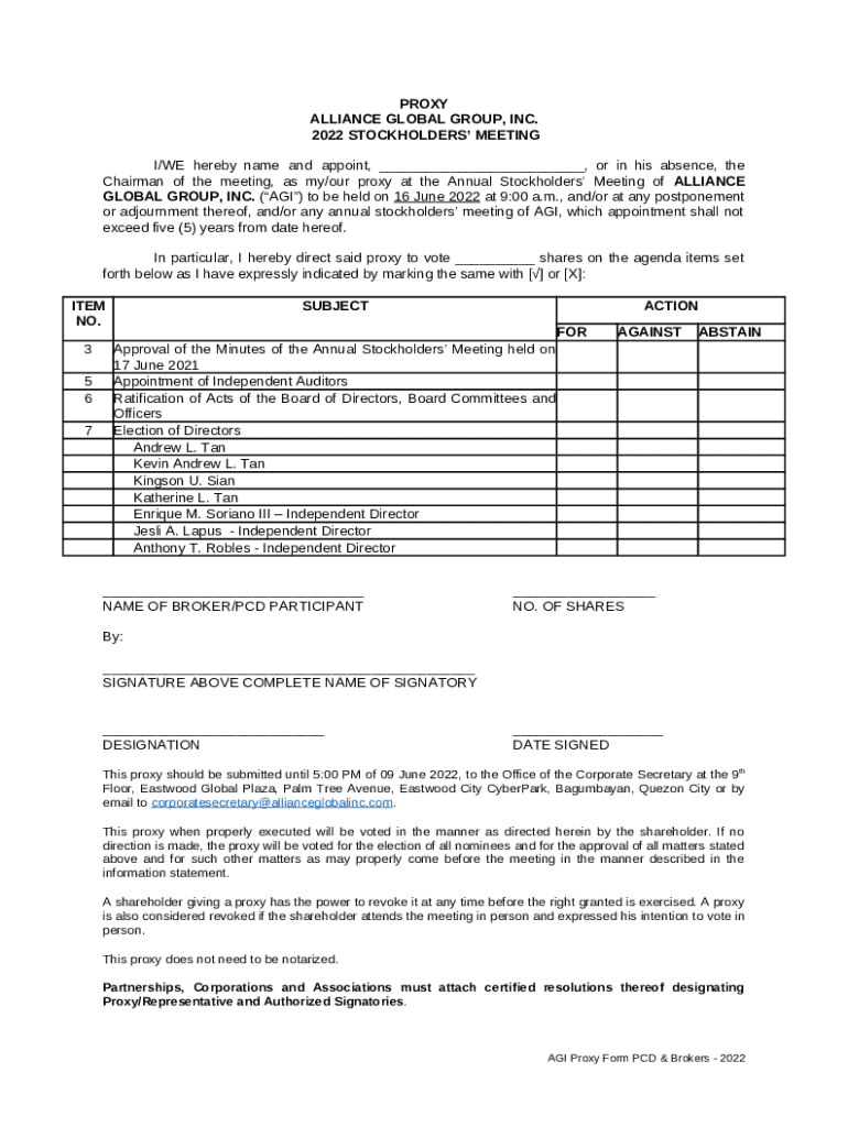 AGI Proxy for ASM 2022 - PCD Participant or Broker. ... Doc Template | pdfFiller