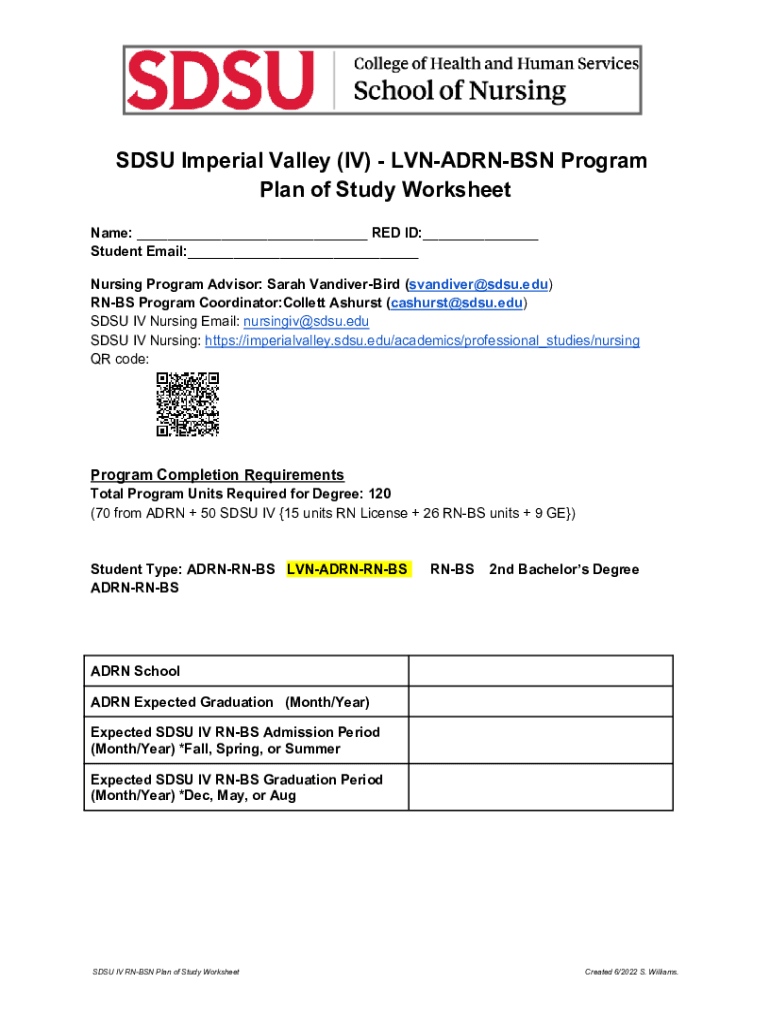 Fillable Online LVN-ADRN-BSN Program Plan of Study Worksheet Fax Email ...