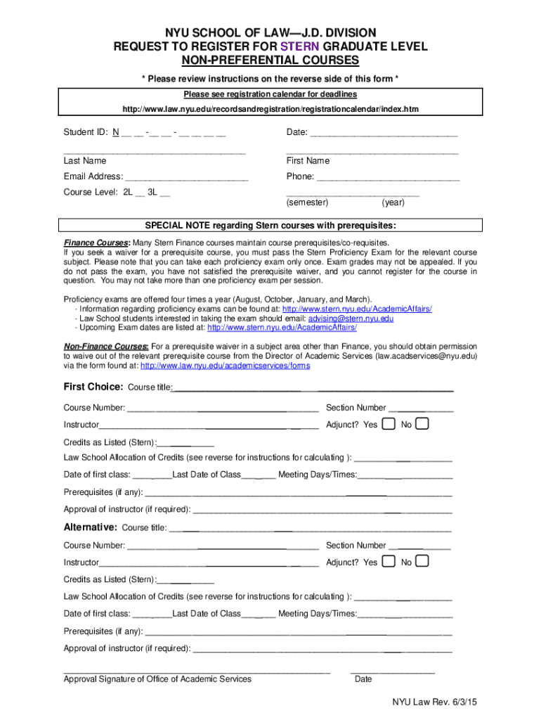 Fillable Online Stern Non-Preferential Course Request Form Fall 2020 ...