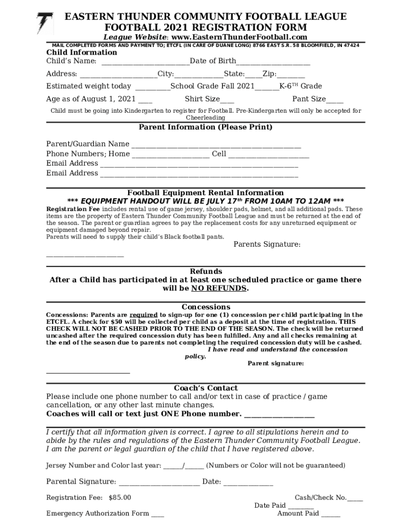 2021 Football Registration s Doc Template | pdfFiller