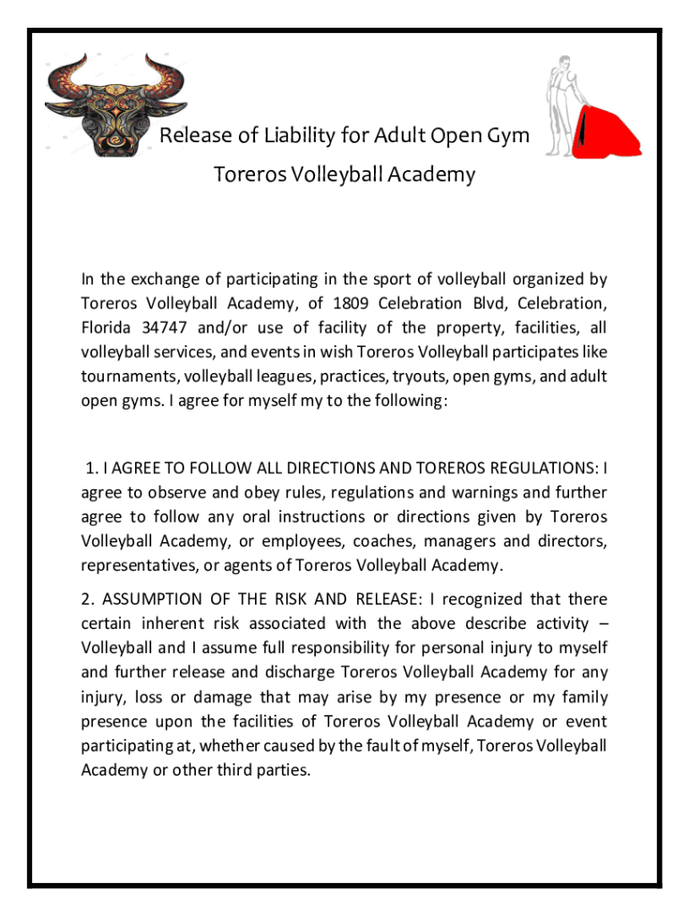 Fillable Online Release of Liability for Adult Open Gym Toreros ...