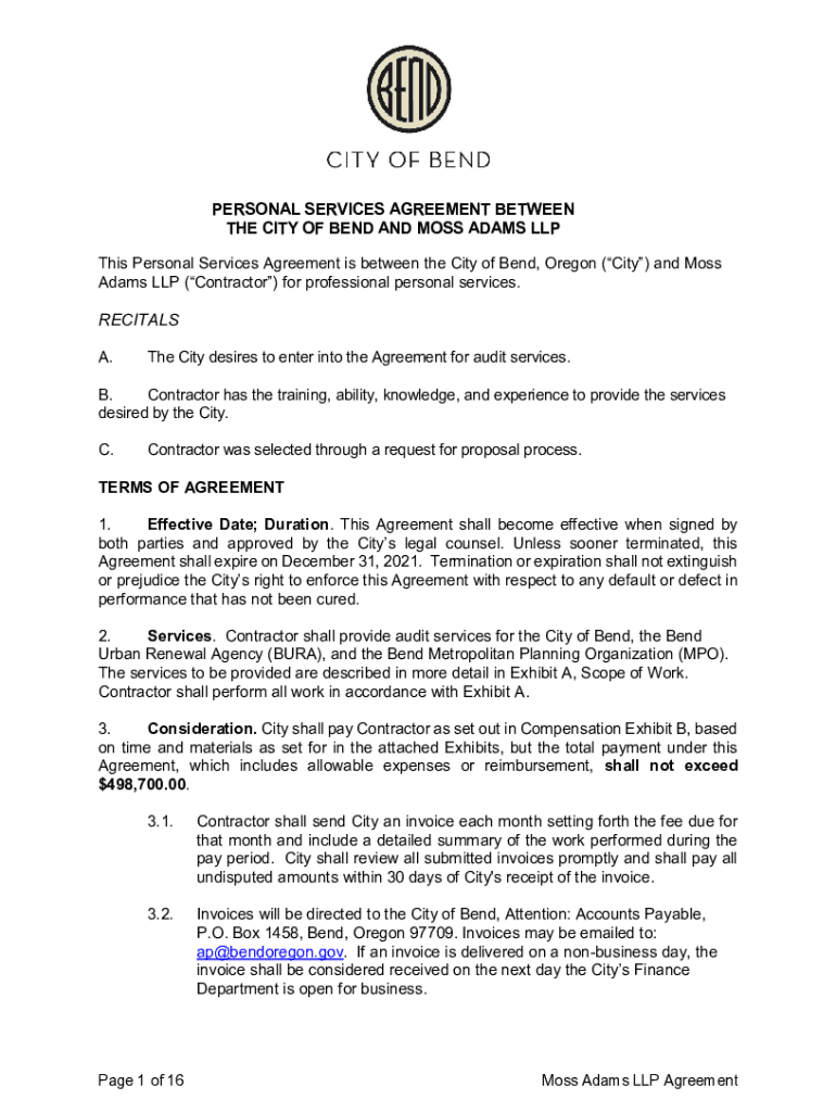 Fillable Online Personal Services Agreement between the City of Bend ... Fax Email Print - pdfFiller
