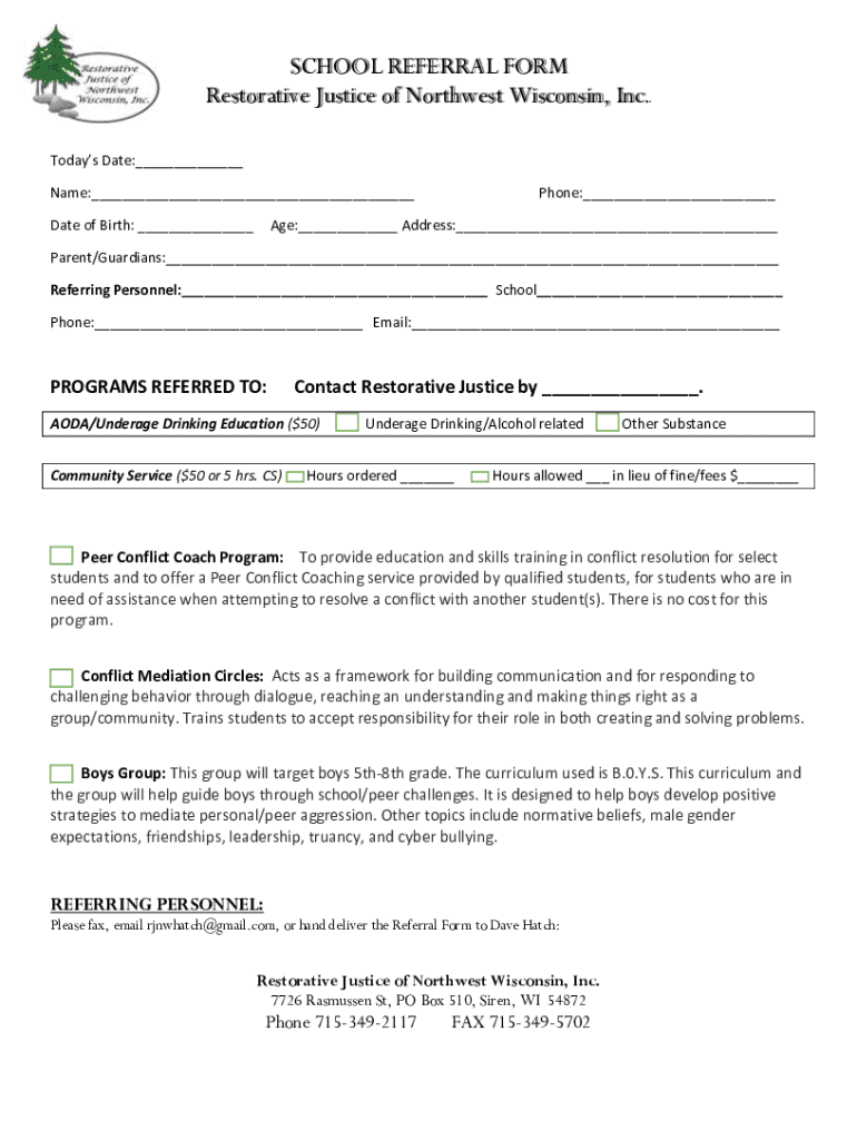 Fillable Online SCHOOL REFERRAL FORM Restorative Justice of Northwest ...