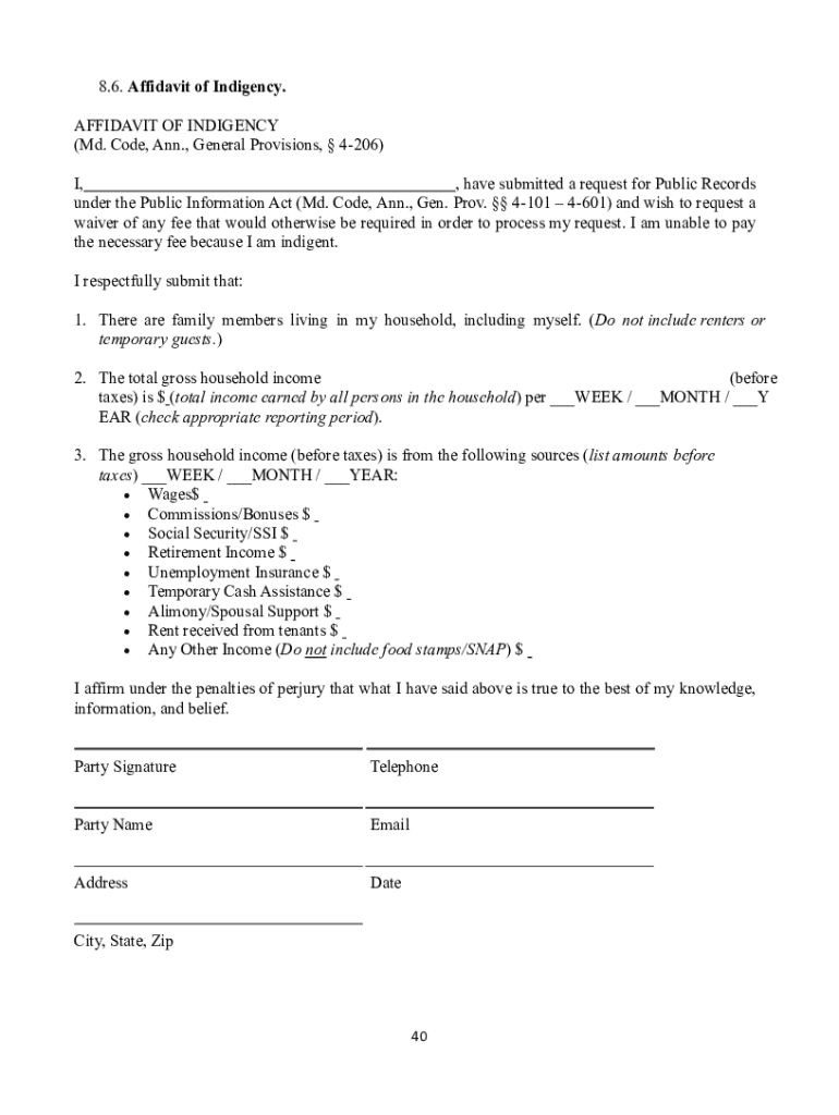 Fillable Online 8.6. Affidavit of Indigency. AFFIDAVIT OF INDIGENCY (Md ...