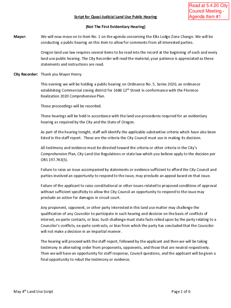 Fillable Online Script for Quasi-Judicial Land Use Public Hearing Fax ...